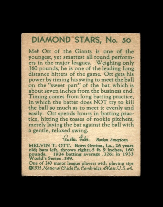 1934-36 Diamond Stars Set-Break # 50 - Mel Ott LOW GRADE (filler ...