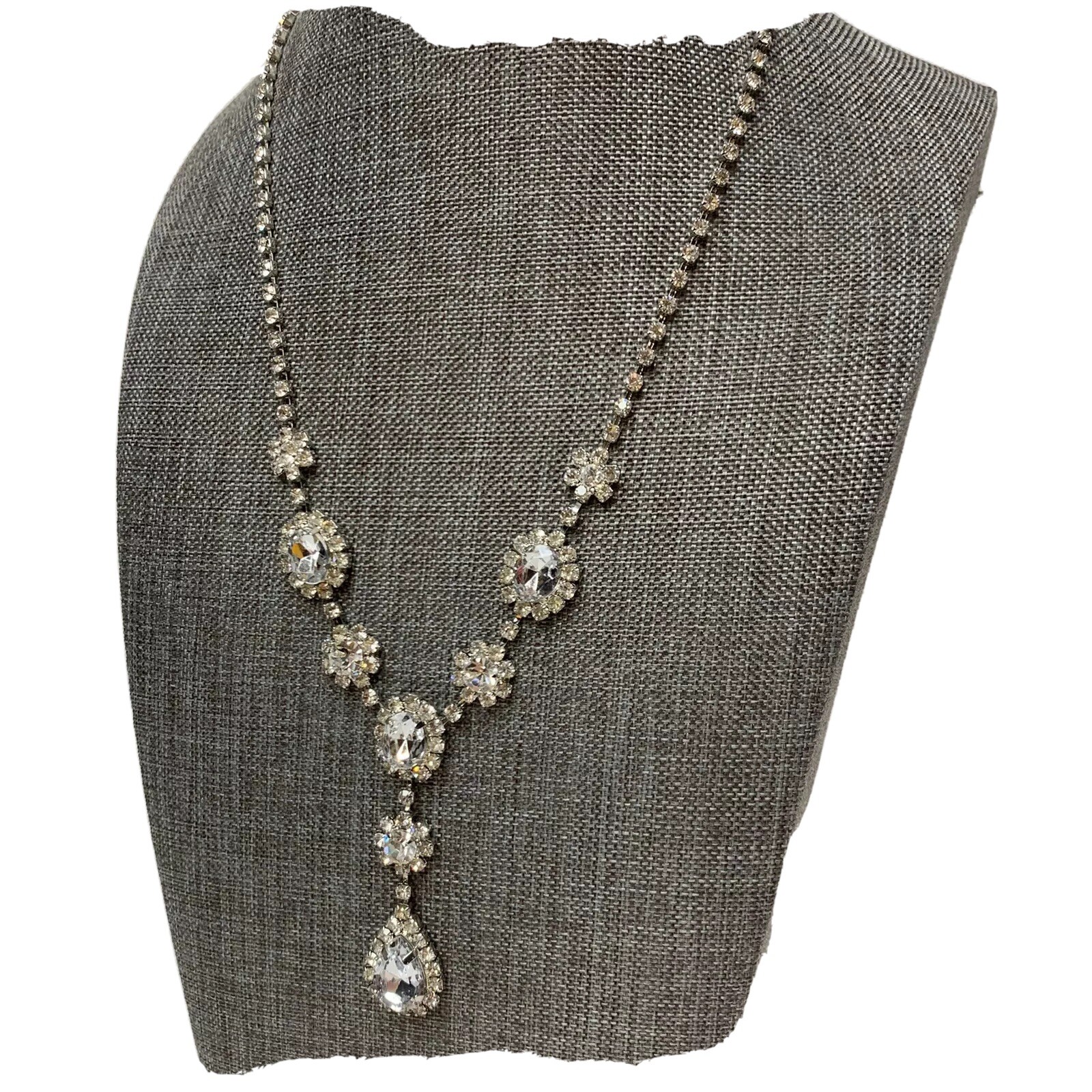 Vtg Rhinestone Pear Shape Drop Necklace Prong Set Sparkly Adjustable 13 ...