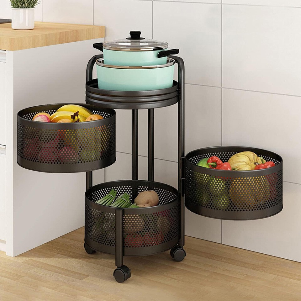 Metal Rotating Basket Rack Kitchen Storage Shelf Fruit Vegetable Holder ...