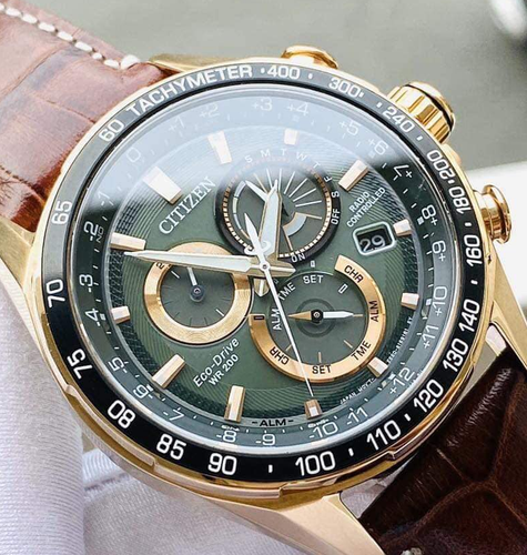 Citizen CB5919-00X PCAT Chronograph Green Rose Gold Leather Band Watch ...