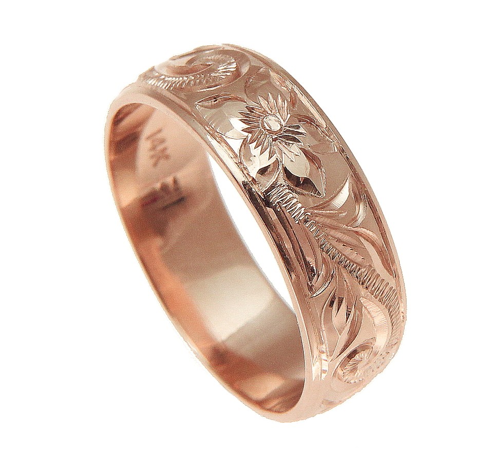 14K ROSE GOLD HAND ENGRAVED HAWAIIAN PLUMERIA SCROLL BAND RING SMOOTH ...