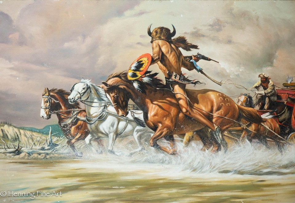 Beautiful Western Landscape Oil Painting of Indian Stagecoach Attack ...