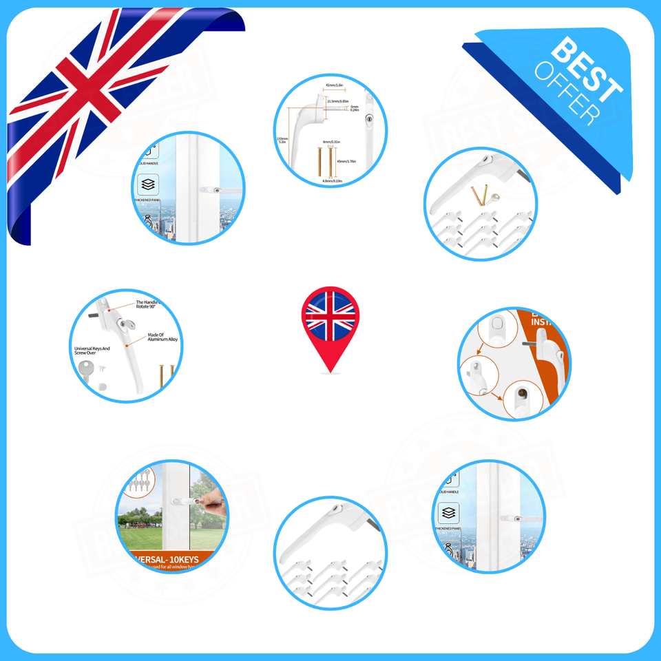 10 Pack Universal Window Handles White 41mm Lockable UPVC Aluminium ...