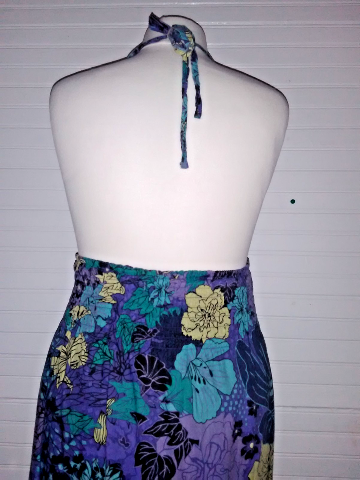 FLAME SUMMER PURPLE FLORAL HALTERNECK COTTON MAXI DRESS UK 16 LENGTH ...