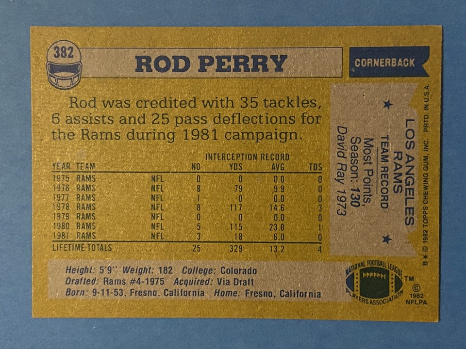 ROD PERRY Hand Signed 1982 Topps #382 LA Rams Colorado Buffaloes ...