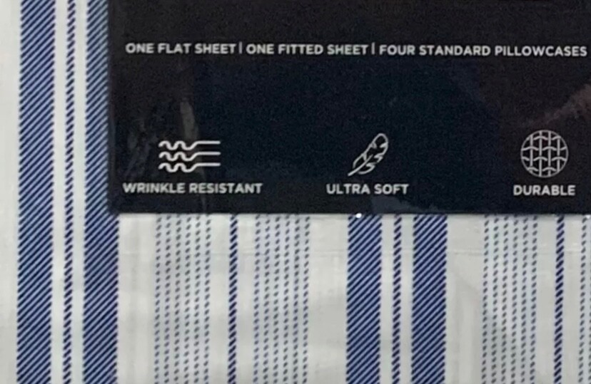 CHAPS by Ralph Lauren QUEEN Sheet Set w/4 Pillowcases White Blue Dashed ...