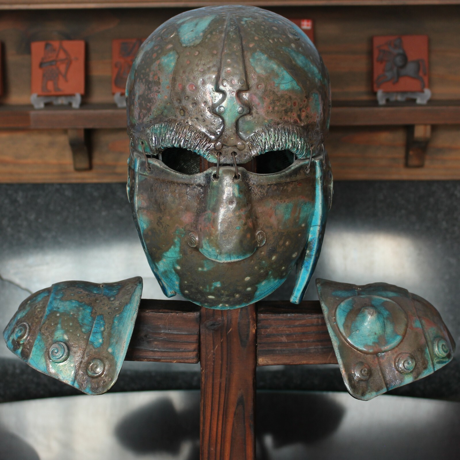 UNIQUE! Studio Pottery Ceramic Medieval Helmet & Shoulder Pads on Stand ...