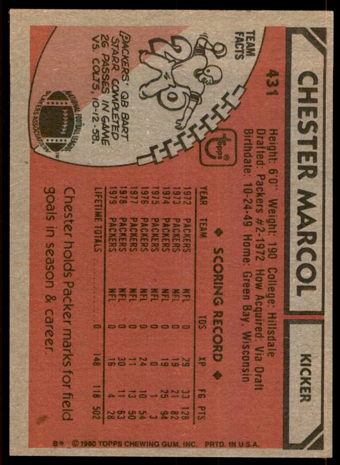 1980 TOPPS FOOTBALL CHESTER MARCOL GREEN BAY PACKERS #431 | eBay