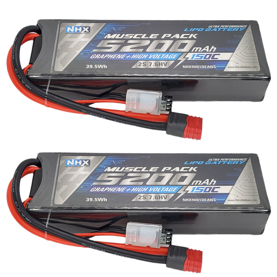NHX RC 2S 7.6V 5200mAh 150C+ Graphene LiPo-HV Battery (2) w/ Deans ...