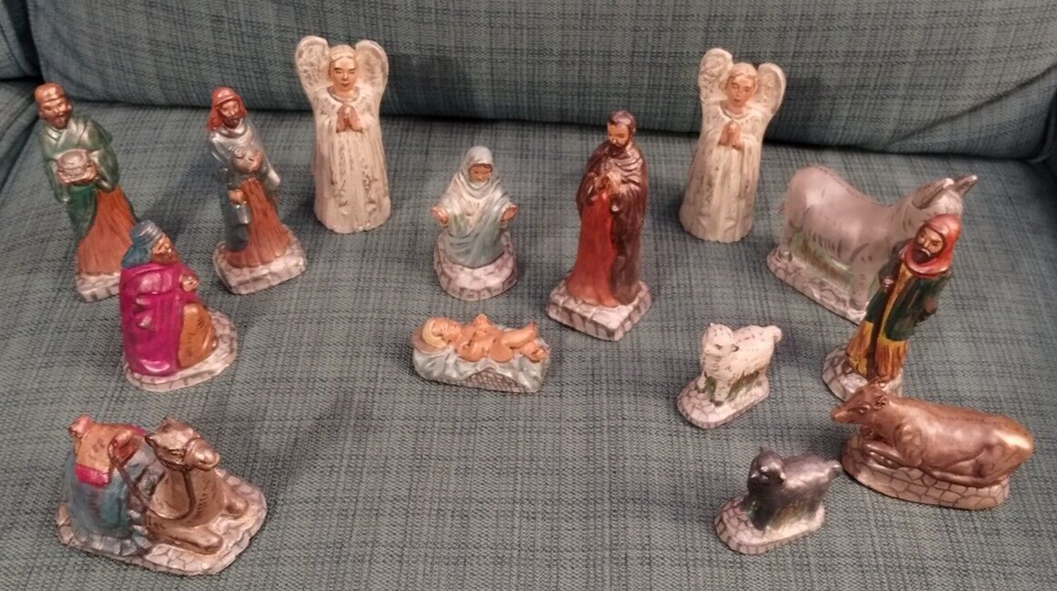 Chalkware Nativity Set 14 Pieces - Colorful Figures - Looks to be ...