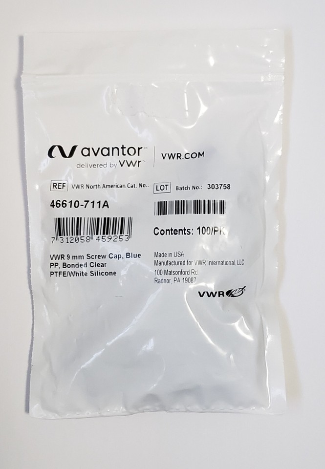 VWR 9 mm Screw Cap, Blue PP, Bonded Clear PTFE/White Silicone Cat ...