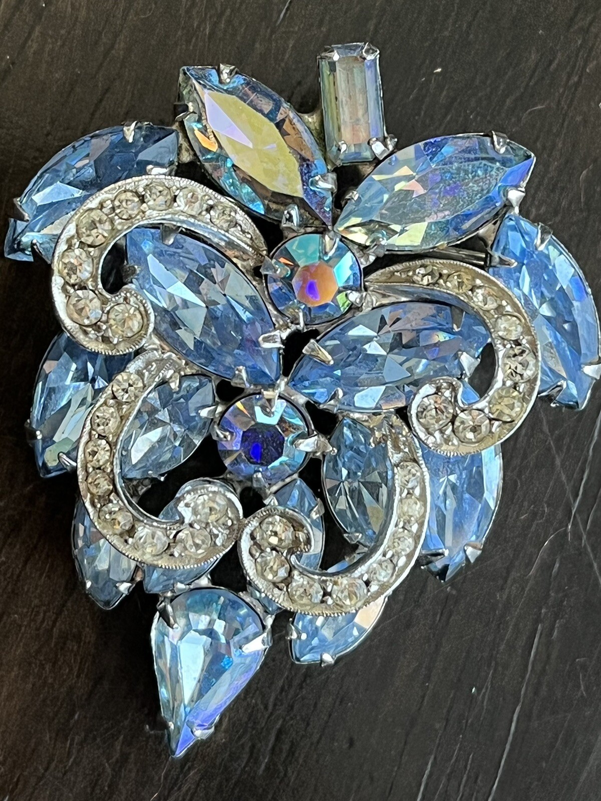 WEISS Signed blue Brooch with Paved Ribbon Accents - Gem