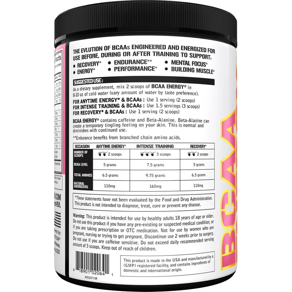 EVL BCAA Energy Pre Workout/Post Workout Energy Mix, Pink Lemonade BB ...