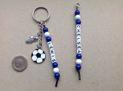 Handmade Personalised Name CHELSEA FC football team colours keyring bag ...