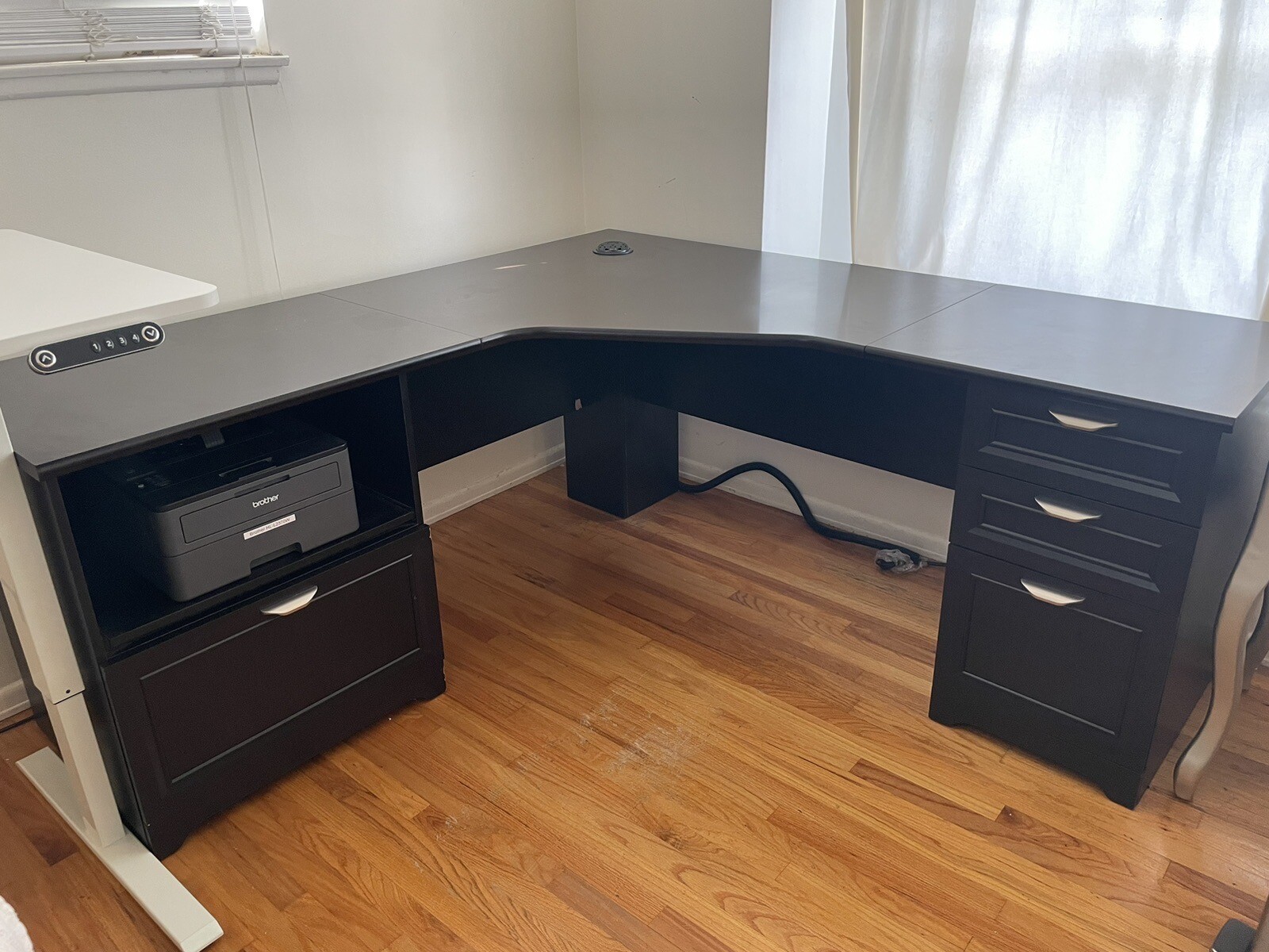 Espresso L-Shape Corner Desk - office study w/ drawers & printer tray ...