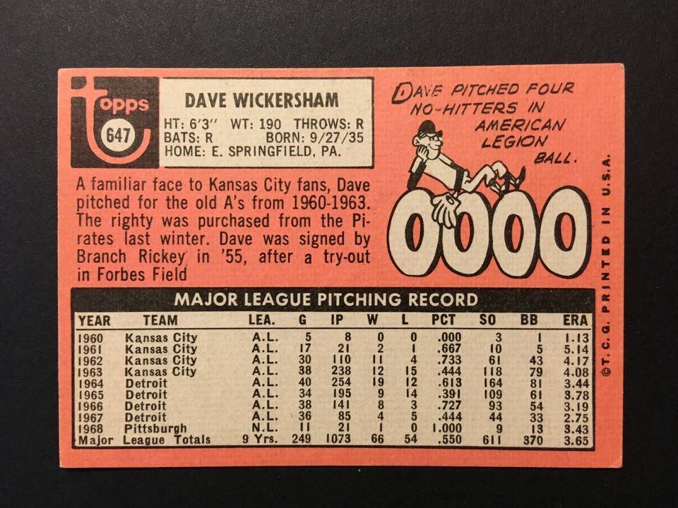 Dave Wickersham Royals signed 1969 Topps baseball card #647 Auto ...