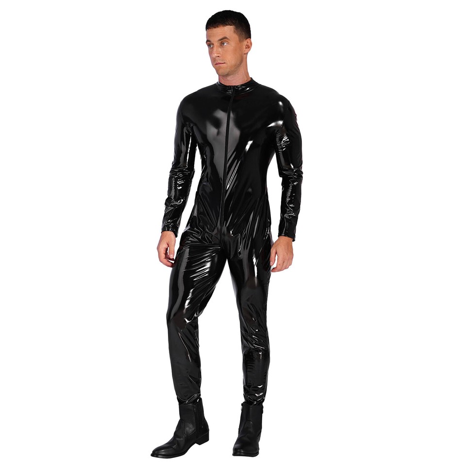 UK Sexy Men's Shiny Leather Long Sleeve Bodysuit Unitard Zipper Crotch ...