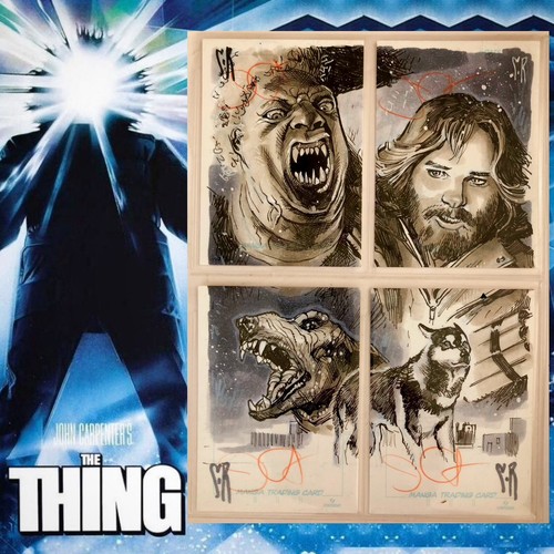The Thing original art 4 card sketch set signed Stephane Roux & John ...