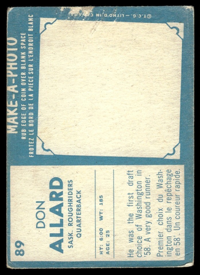 1961 Topps CFL Don Allard Rookie Saskatchewan Roughriders #89 | eBay