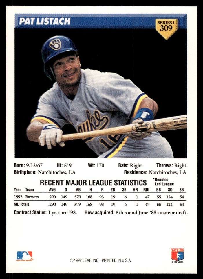 1993 Donruss Baseball Card Pat Listach Milwaukee Brewers #309 | eBay