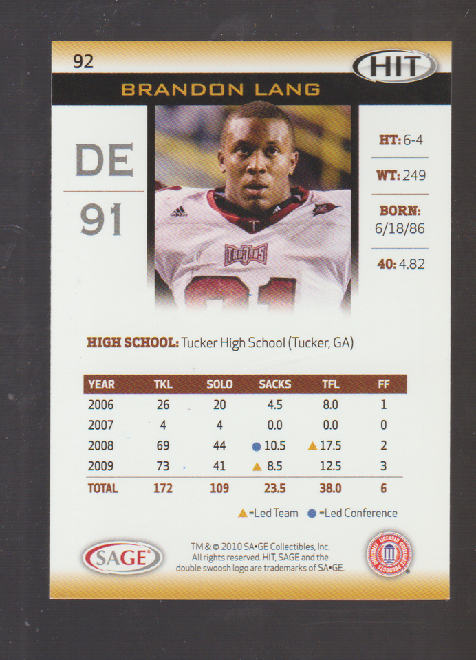 2010 SAGE Hit #92 Brandon Lang RC, Troy Trojans star | eBay