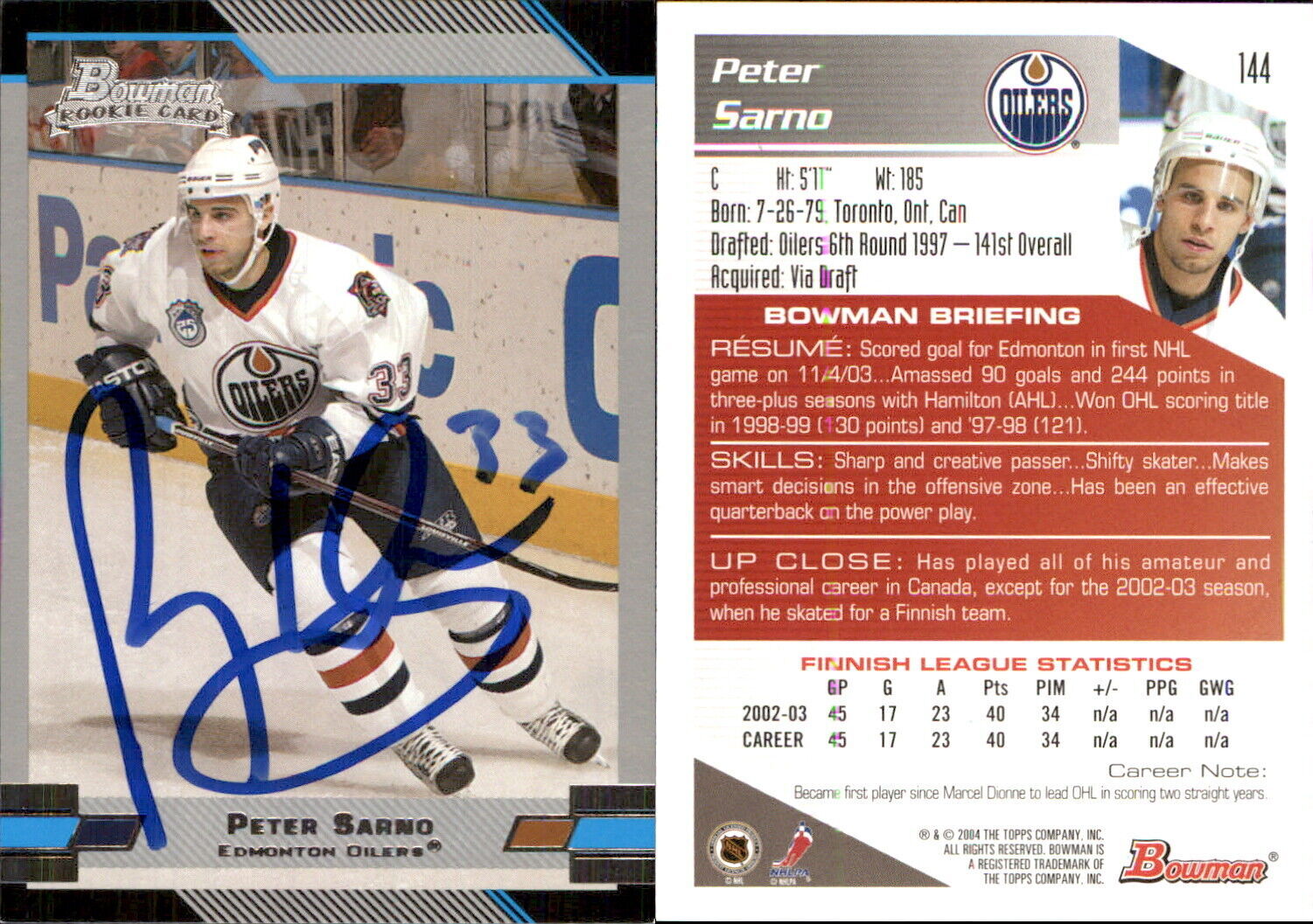 Peter Sarno Signed 2003-04 Bowman DP&P #144 Edmonton Oilers | eBay