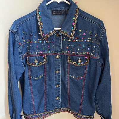 WOMEN'S SIZE M NEW DIRECTIONS DECORATED beaded LONG SLEEVE DENIM JACKET ...