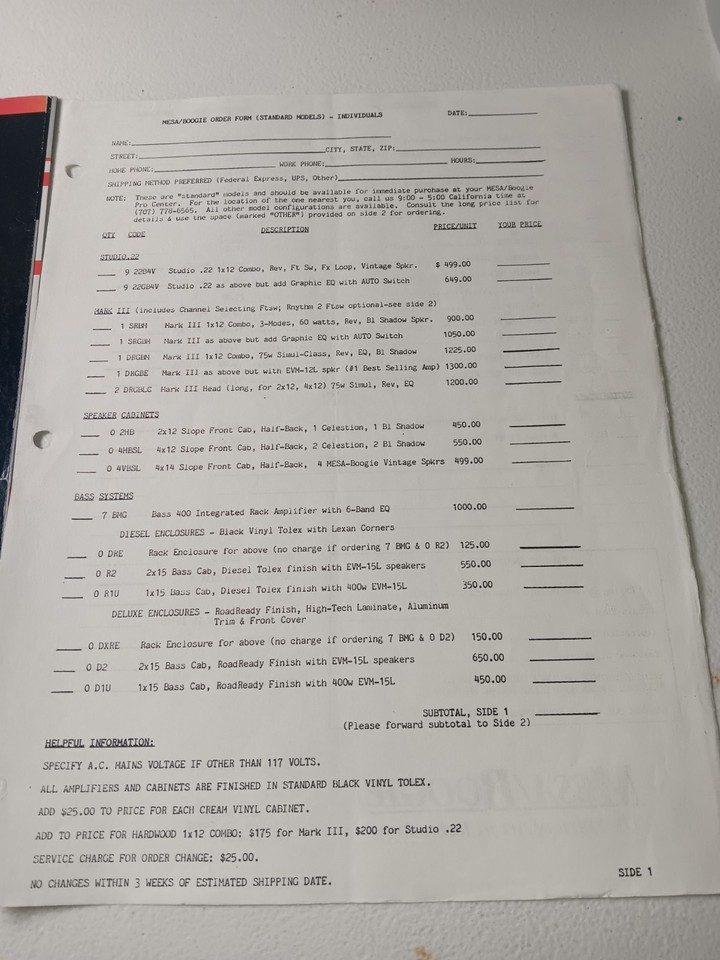 Mesa Boogie Catalog & Order Form 1984 Vintage Guitar Paper Sheets | eBay