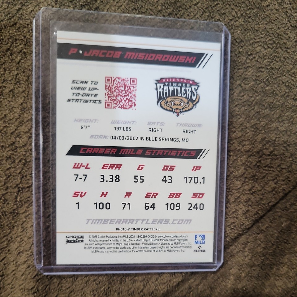 Jacob Misiorowski 2025 Wisconsin Timber Rattlers Choice Milwaukee ...