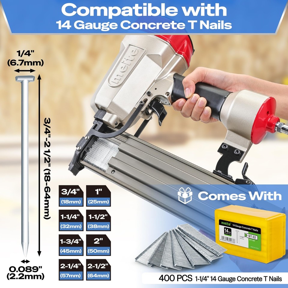 ST64E Concrete Nail Gun with 400PCS 14 GA 1-1/4 Inch T Nails, Heavy ...