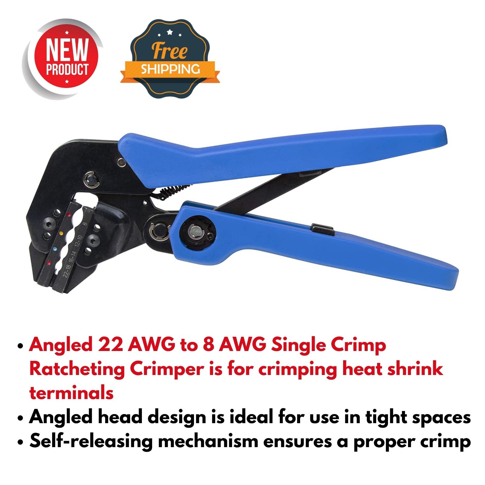 Angled Single Crimp Ratcheting Crimper 22 AWG to 8 AWG for Heat Shrink ...