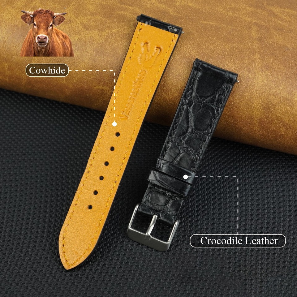 Black Real Crocodile Leather Watch Band Flat Leather Strap Silver ...