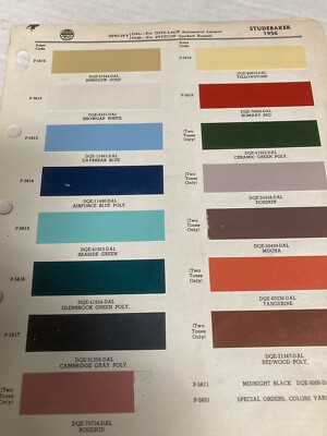 1956 STUDEBAKER AUTOMOTIVE P.P.G., DITZLER Exterior Paint Color Chip ...