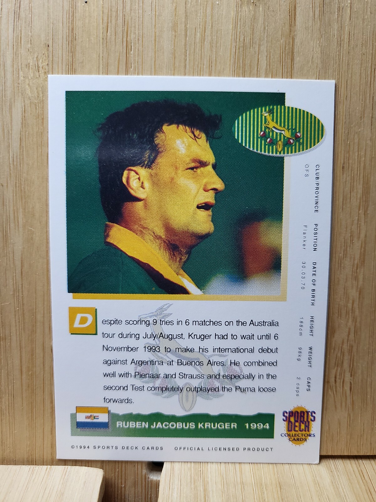 RUBEN KRUGER🏆1994 #16 South Africa International Rugby Sports Deck Card ...