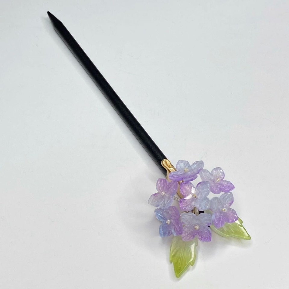 Glass hydrangea wooden hairpin, simple, blue x purple color | eBay