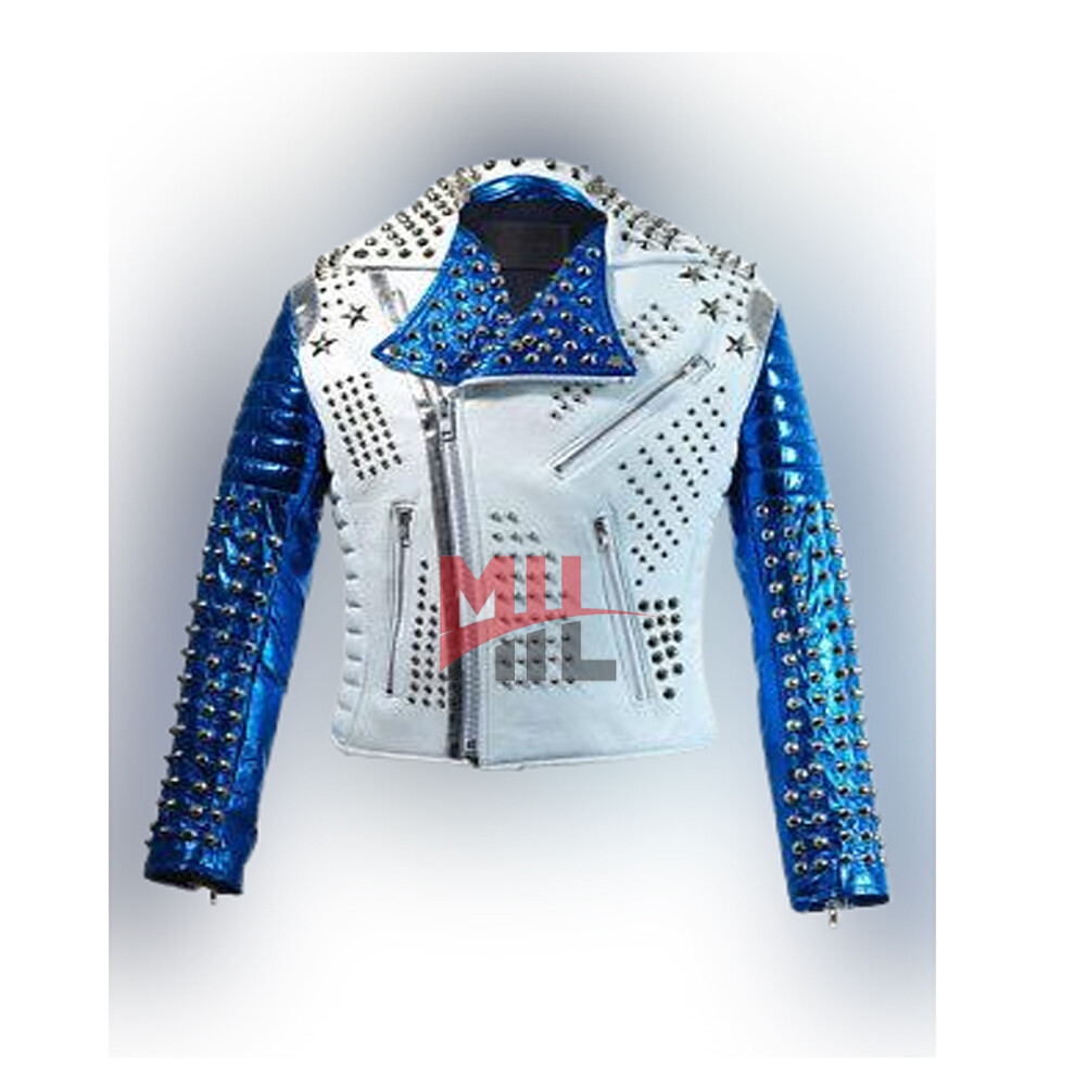 Handmade Men's White Blue Studded Rock Punk Genuine Cowhide Leather ...