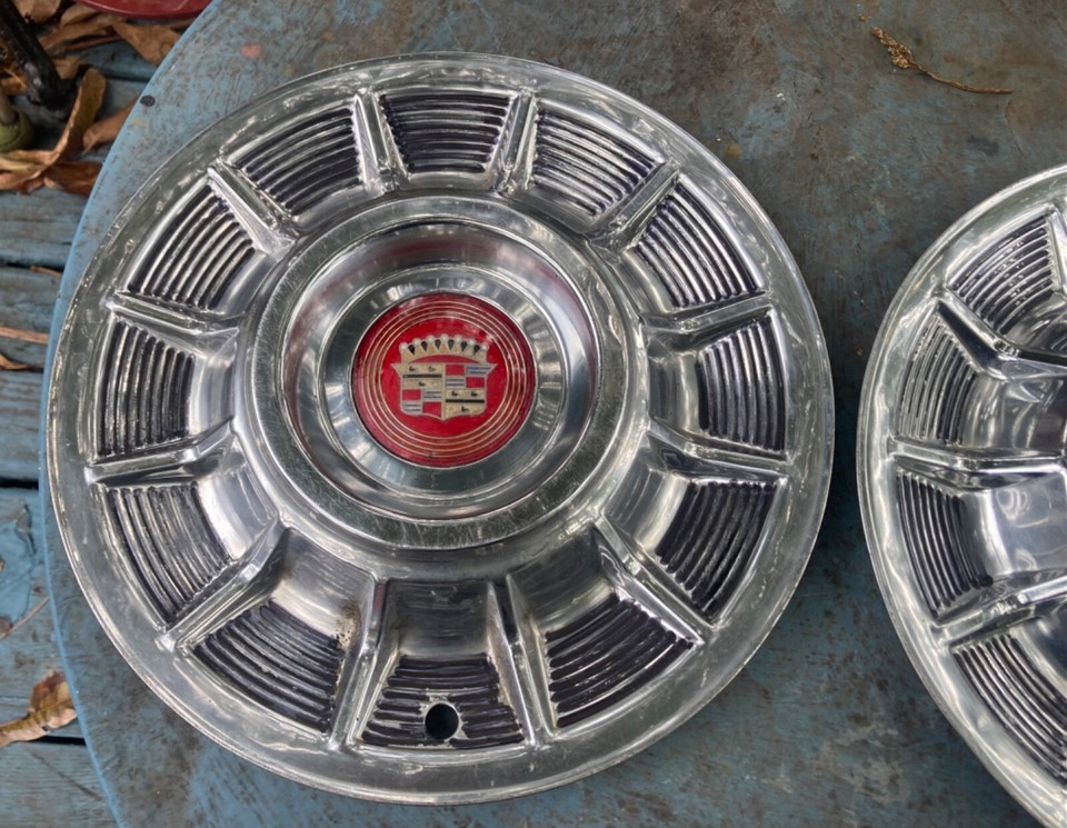 TWO 1957 Cadillac Hubcaps OEM, with repainted Center emblems, HOT ROD ...