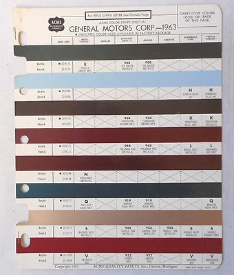 1963 GM ACME COLOR PAINT CHIP CHART CHEVY BUICK OLDSMOBILE PONTIAC ALL ...