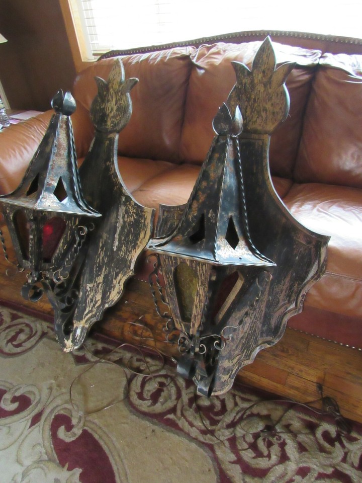 Vintage Pair Large Wall Lamps Lights Gothic Halloween Medieval Dungeon ...