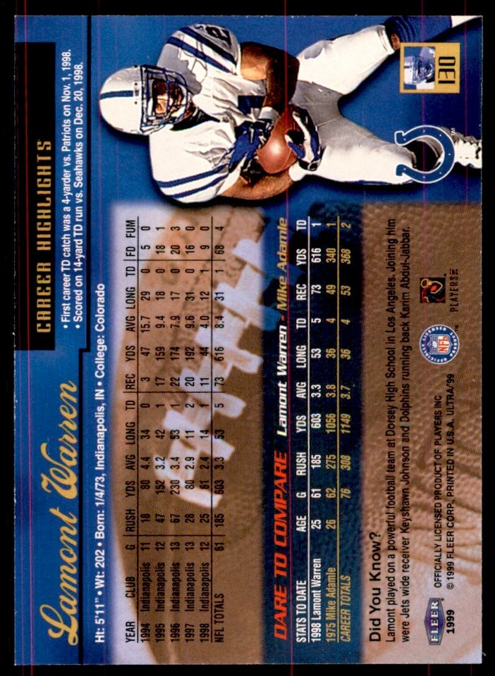 1999 Fleer Ultra Lamont Warren Indianapolis Colts #130 | eBay