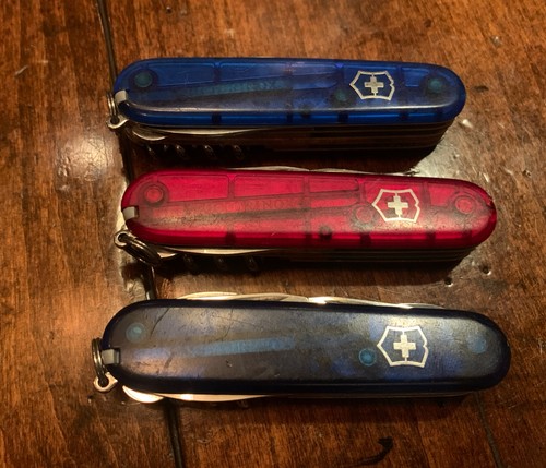 Lot Of 3 VICTORINOX Translucent Swiss Army Knives Blue & Red Huntsman ...