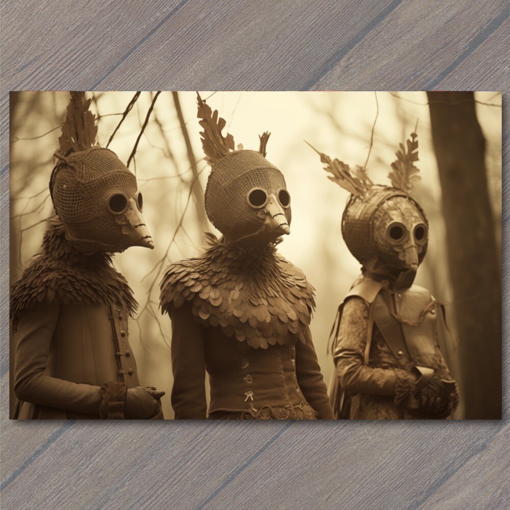 POSTCARD Weird Creepy Girls Beak Masks Cult Horns Woods Halloween ...