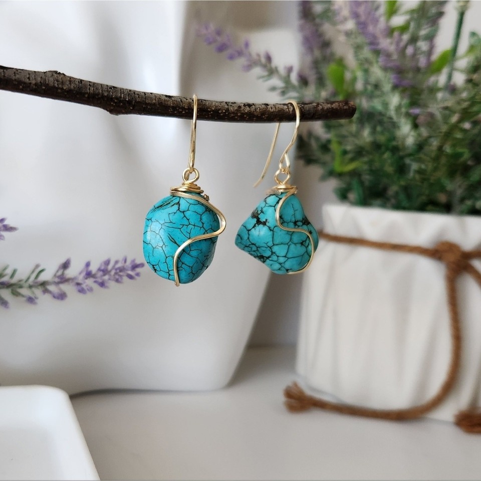 Turquoise Wagnerite Nugget Gold Plated Wire-Wrapped Handmade Earrings ...