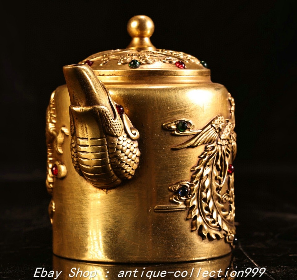 5.9" Old Dynasty Pure Bronze Gilt Inlay Gem Dragon Phoenix Wine Pot Cup ...