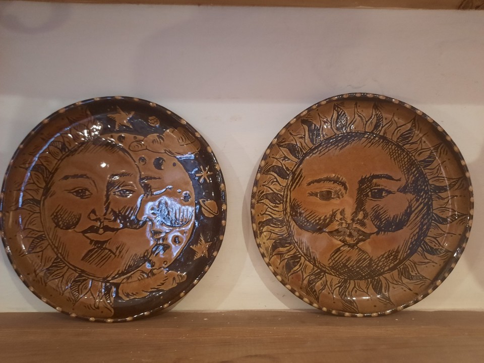 Studio Pottery Plates Sun Face Moon Devon Slipware Sgraffito Astrology ...