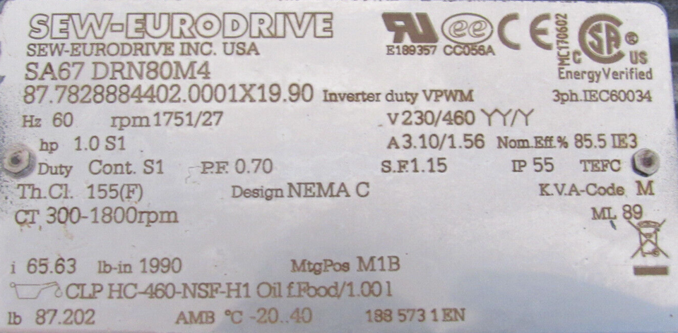 NEW SEW EURODRIVE SA67 DRN80M4 GEARMOTOR 230/460V 65.63 SA67DRN80M4 | eBay