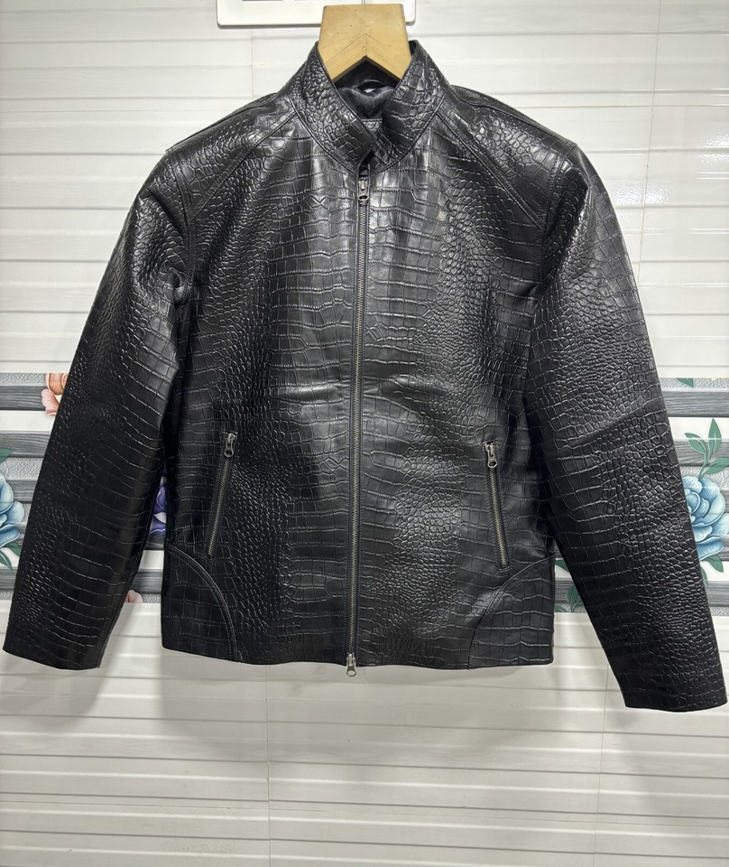 Men's Real Leather Croco Embossed Jacket Biker Motorcycle Black Luxury ...