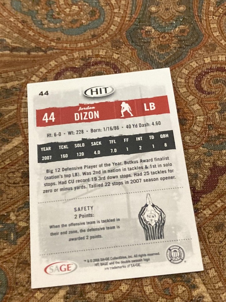 2008 SAGE HIT #44 Jordon Dizon | eBay