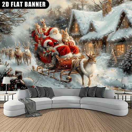 2D Flat Santa Claus Sleigh Wall Hanging - Snow Town Scenery, Christmas ...