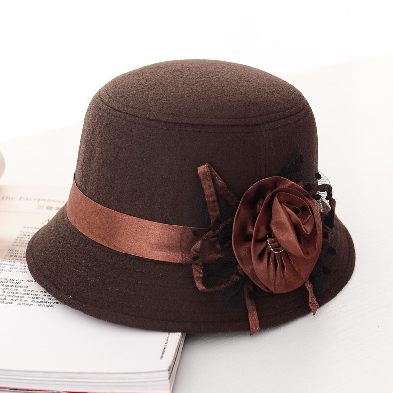 Retro Women Wool Felt Bucket Cap Ladies Flower Cloche Church Bowler Hat ...